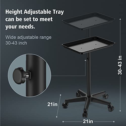 Salon Tray Cart, Premium Aluminum Rolling Trolley Cart with Wheels & Adjustable Height, W/Accessory Caddy Aluminum Mobile Utility Trolley Tool Holder