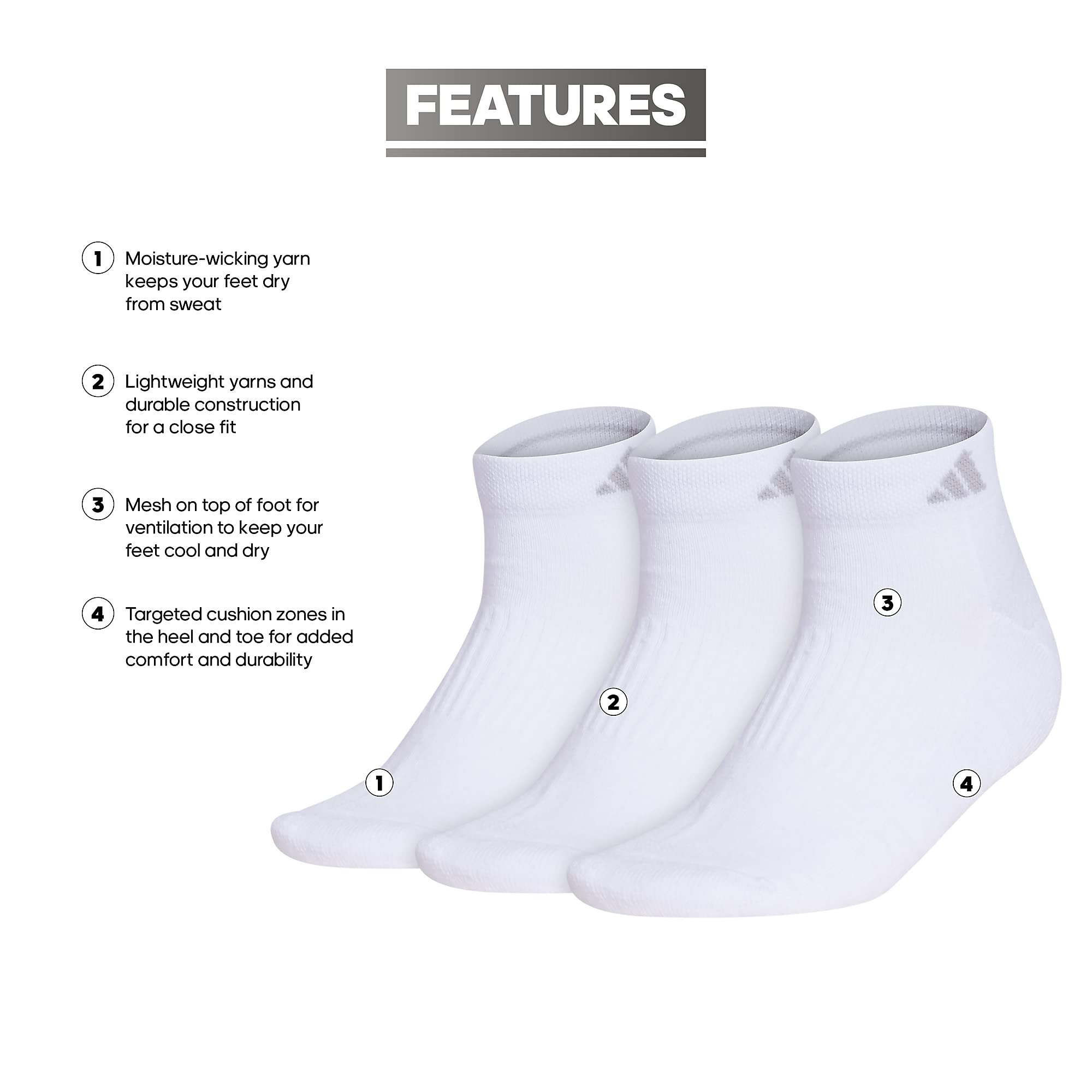 adidas Women's Cushioned Low Cut Socks (3-Pair) with Arch Compression, White/Clear Onix Grey, Medium