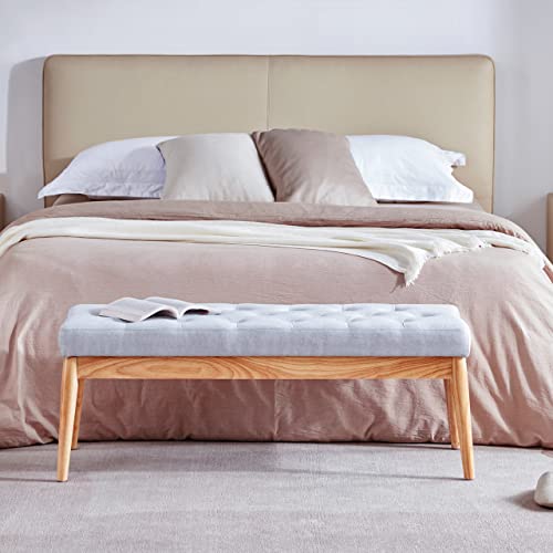 Tbfit Extra-Long Upholstered Tufted Bed Bench Seat for Bedroom, Entryway Wood Bench with Sturdy Wooden Legs, Buttoned Vanity Rectangle Dining Bench(Grey)