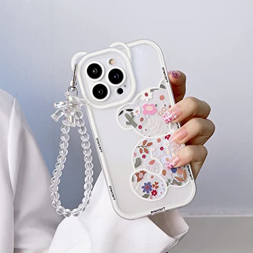 Shinymore for iPhone 13 Pro Max Case,Cute Flowers Bear Camera Protector Clear Case with Lovely Strap Bracelet Chain Girls Women Case for iPhone 13 Pro Max