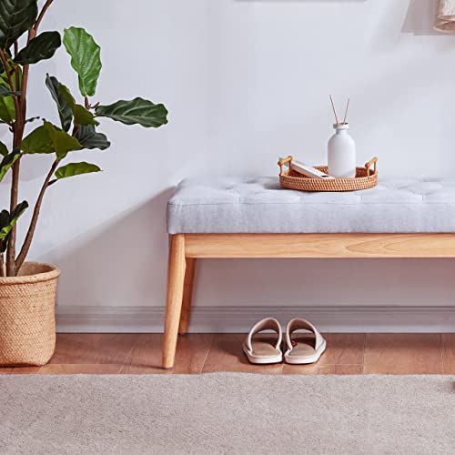 Tbfit Extra-Long Upholstered Tufted Bed Bench Seat for Bedroom, Entryway Wood Bench with Sturdy Wooden Legs, Buttoned Vanity Rectangle Dining Bench(Grey)
