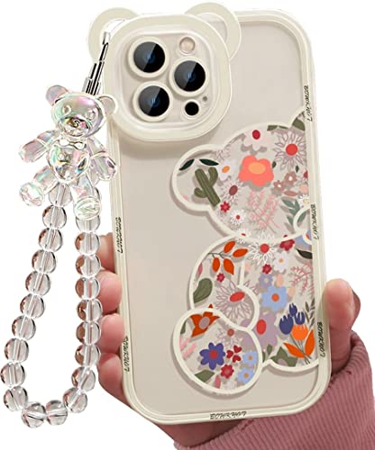 Shinymore for iPhone 13 Pro Max Case,Cute Flowers Bear Camera Protector Clear Case with Lovely Strap Bracelet Chain Girls Women Case for iPhone 13 Pro Max