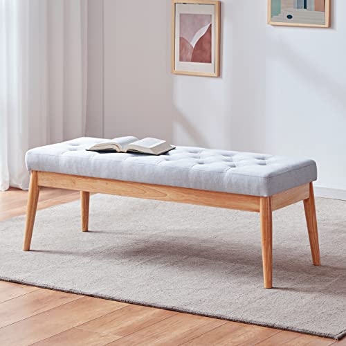 Tbfit Extra-Long Upholstered Tufted Bed Bench Seat for Bedroom, Entryway Wood Bench with Sturdy Wooden Legs, Buttoned Vanity Rectangle Dining Bench(Grey)