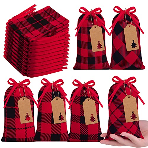 Aneco 24 Pieces Mini Buffalo Plaid Christmas Bags 5.9 x 3.9 Inches Red and Black Cotton Xmas Present Drawstring Bags with 24 Pieces Kraft Tags for Christmas Gifts Candy Cookies