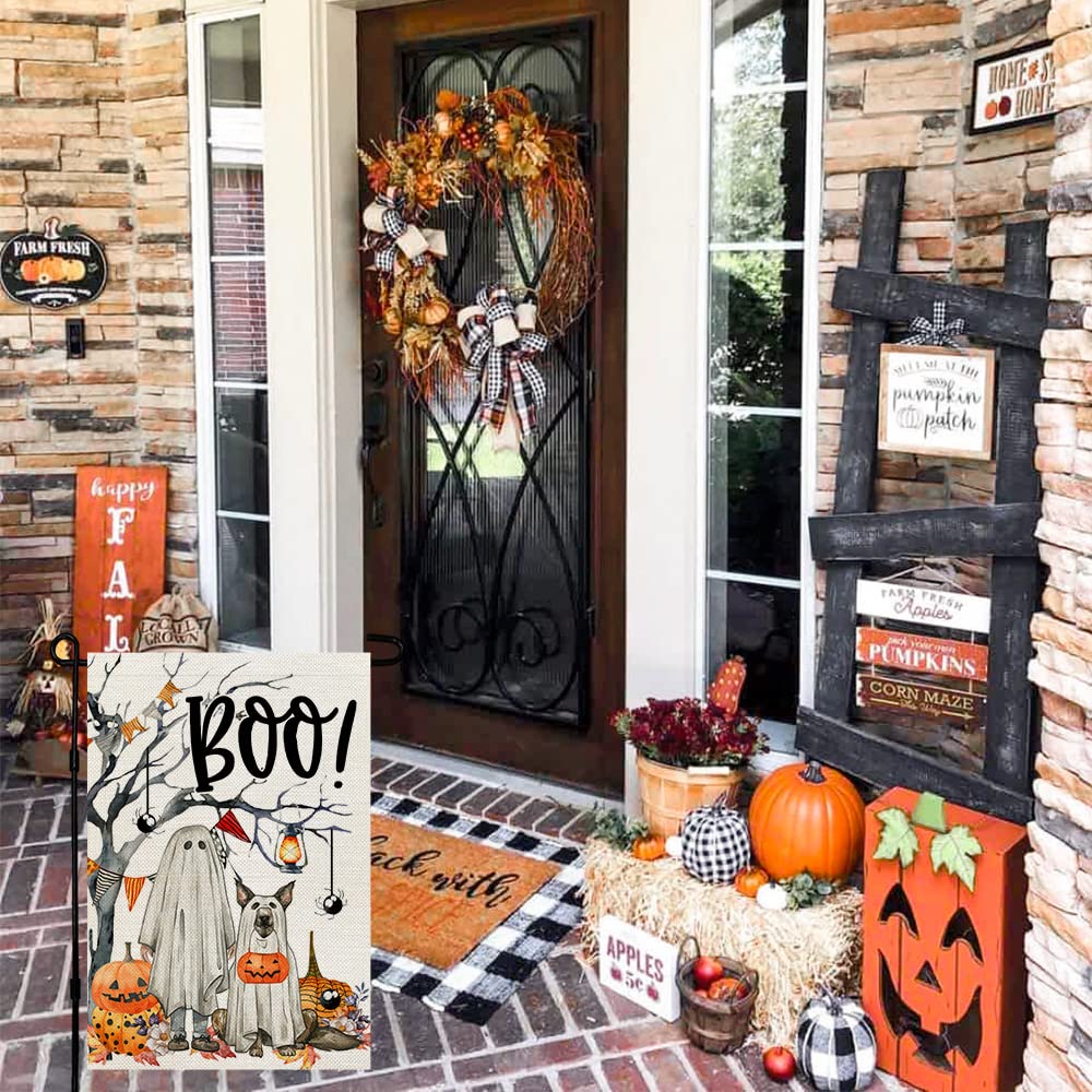 CROWNED BEAUTY Halloween Boo Garden Flag Ghost Dog 12x18 Inch Double Sided for Outside Small Burlap Welcome Holiday Ghost Yard Flag