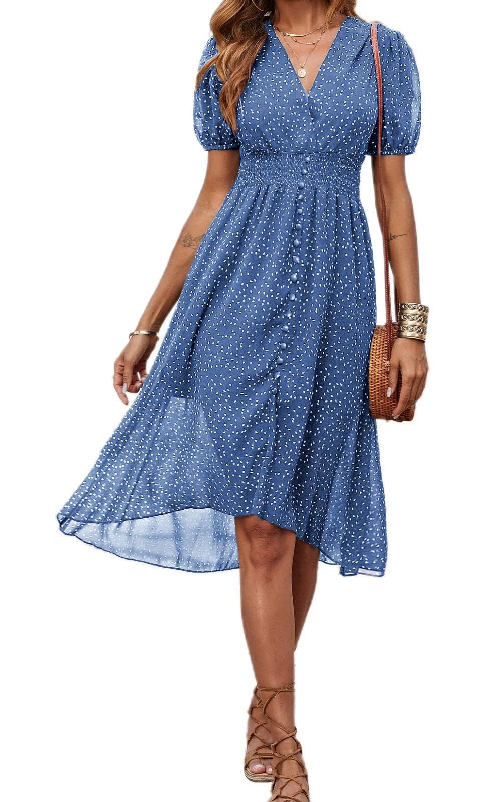 PRETTYGARDEN Summer Floral Midi Dress Puff Sleeve Casual Swing Sun Dress Floral Boho Hawaiian Flowy Long Dress Chiffon Polka Dot Womens Casual Dress Summer(Dark Blue, Large)