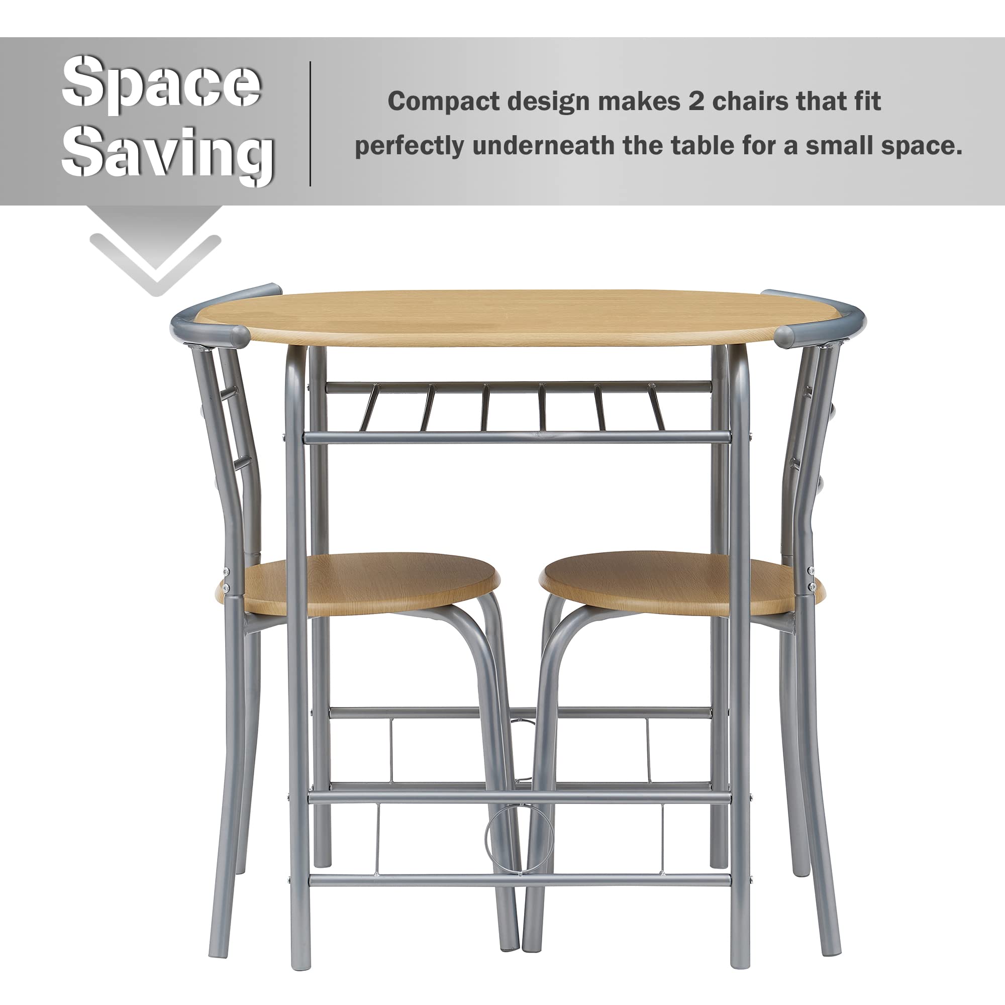 VECELO 3-Piece Bar Table Set, Round Tabletop & Chair for Kitchen Dining Room Breakfast, Built-in Wine Rack, Space Saving, 31.5" Length X 21" Width, Silver and Natural
