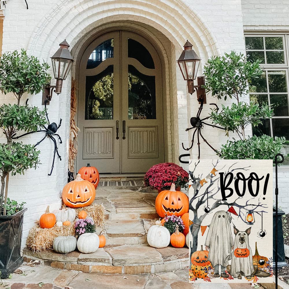 CROWNED BEAUTY Halloween Boo Garden Flag Ghost Dog 12x18 Inch Double Sided for Outside Small Burlap Welcome Holiday Ghost Yard Flag