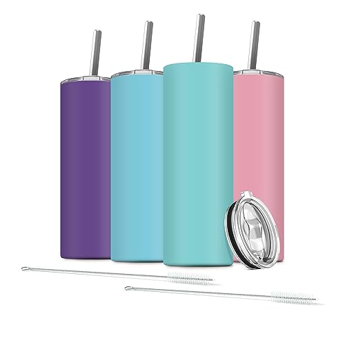 Deitybless 20 OZ Stainless Steel Sublimation Blanks Skinny Tumblers, Double Wall Vacuum Slim Tumbler Bulk with Metal Straw, Travel Coffee Mug for Vinyl Projects(4 Pack, Assorted Colors)