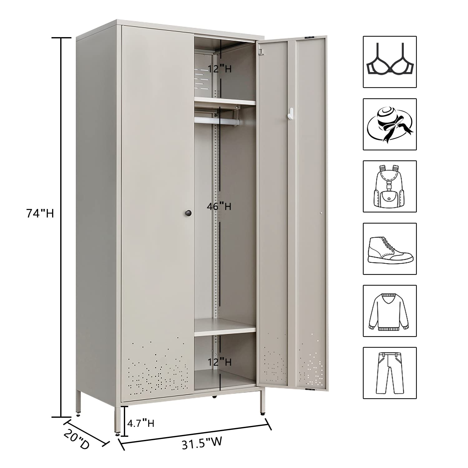 CJF Metal Storage Cabinet, Wardrobe Armoire Closet with Hanging Rod for Bedroom/Laundry Room
