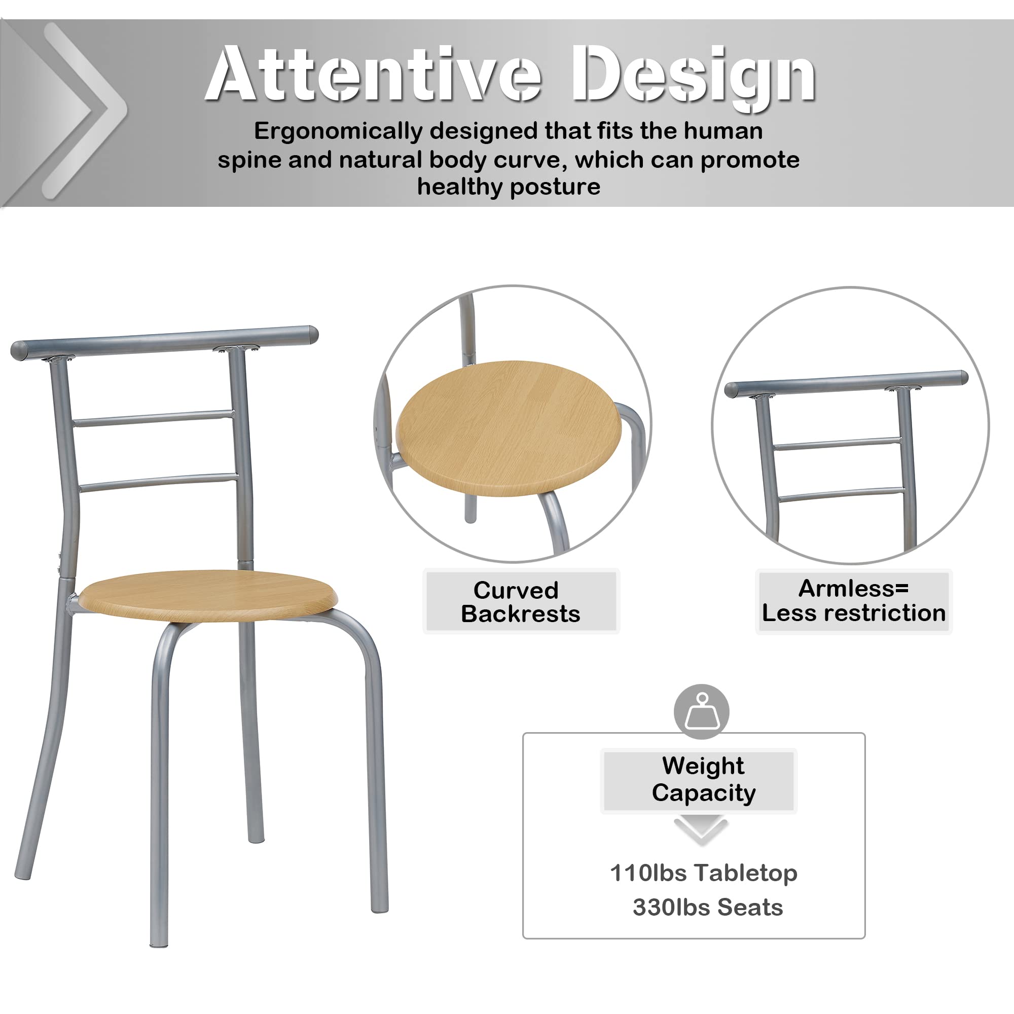 VECELO 3-Piece Bar Table Set, Round Tabletop & Chair for Kitchen Dining Room Breakfast, Built-in Wine Rack, Space Saving, 31.5" Length X 21" Width, Silver and Natural