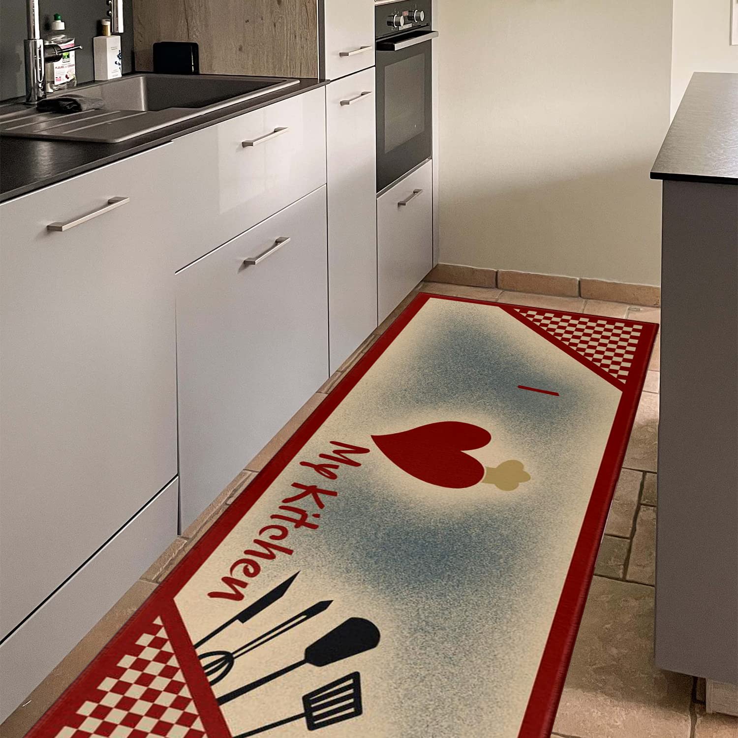 Red Kitchen Rugs Retro Utensils I Love My Kitchen Mat Red Kitchen Decor And Accessories Checkerboard Non-Slip Kitchen Rug and Mats Floor Mat Runner Rug for Kitchen Laundry Living Room Front Door