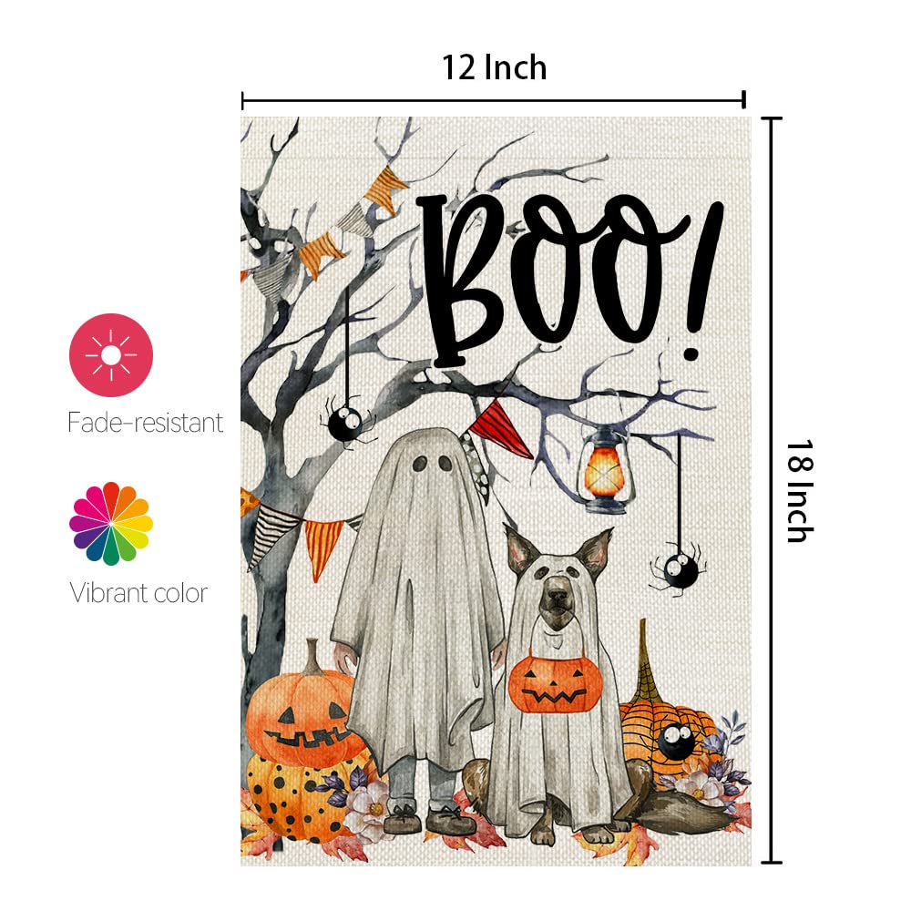 CROWNED BEAUTY Halloween Boo Garden Flag Ghost Dog 12x18 Inch Double Sided for Outside Small Burlap Welcome Holiday Ghost Yard Flag