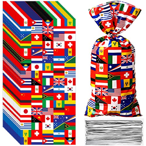 100 Pcs International Flag Candy Party Bags World Country Flags Treat Bags Patriotic Cellophane Bags Travel Goodie Bags for Soccer Sports Beer Festival Events Celebration School Party Decorations