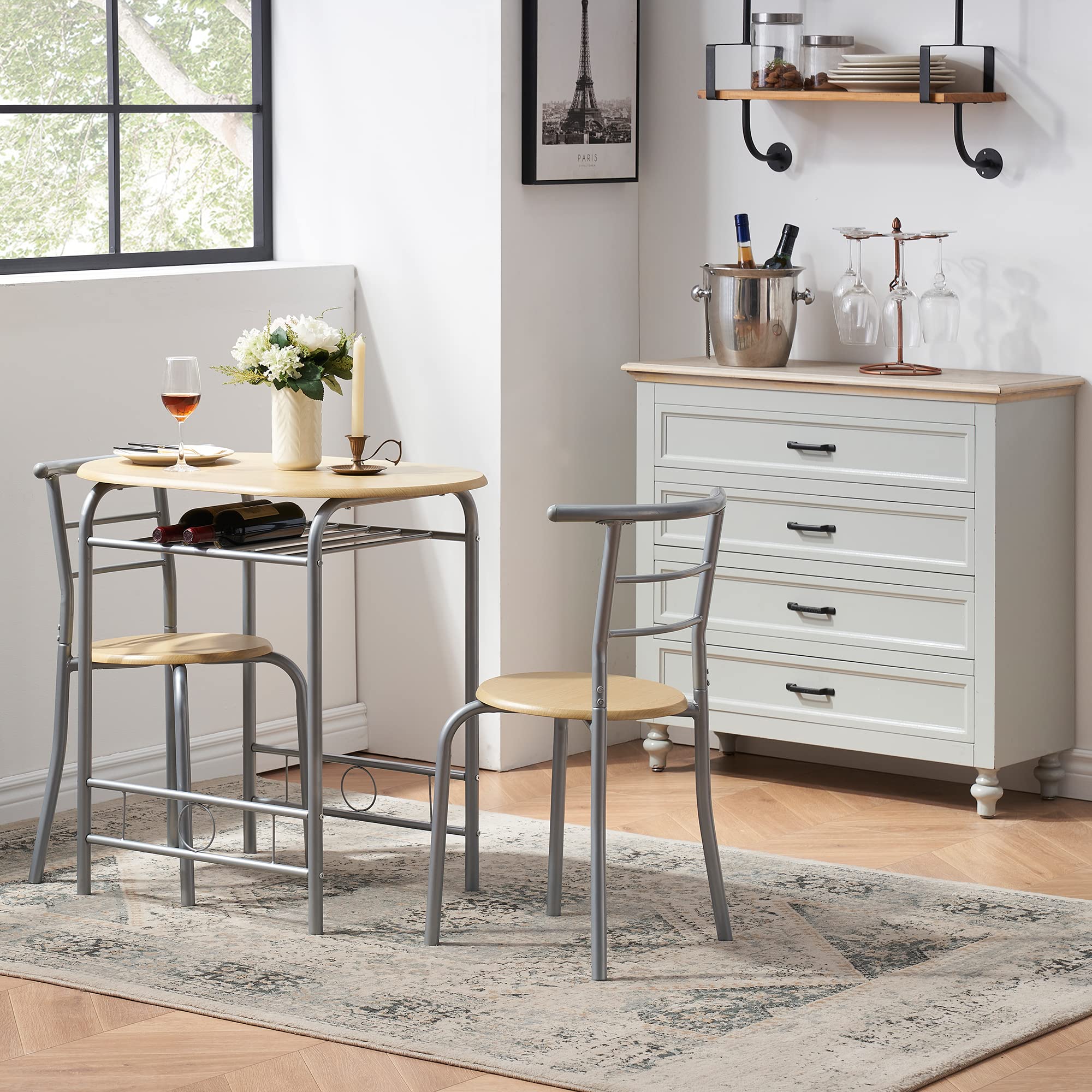 VECELO 3-Piece Bar Table Set, Round Tabletop & Chair for Kitchen Dining Room Breakfast, Built-in Wine Rack, Space Saving, 31.5" Length X 21" Width, Silver and Natural