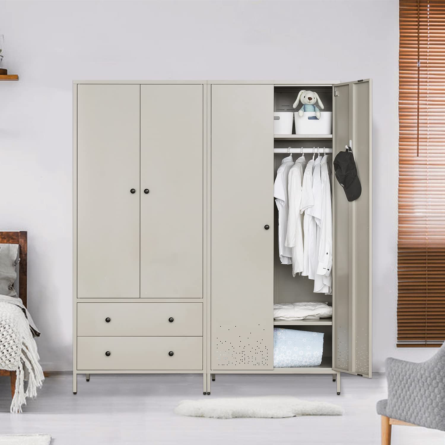 CJF Metal Storage Cabinet, Wardrobe Armoire Closet with Hanging Rod for Bedroom/Laundry Room