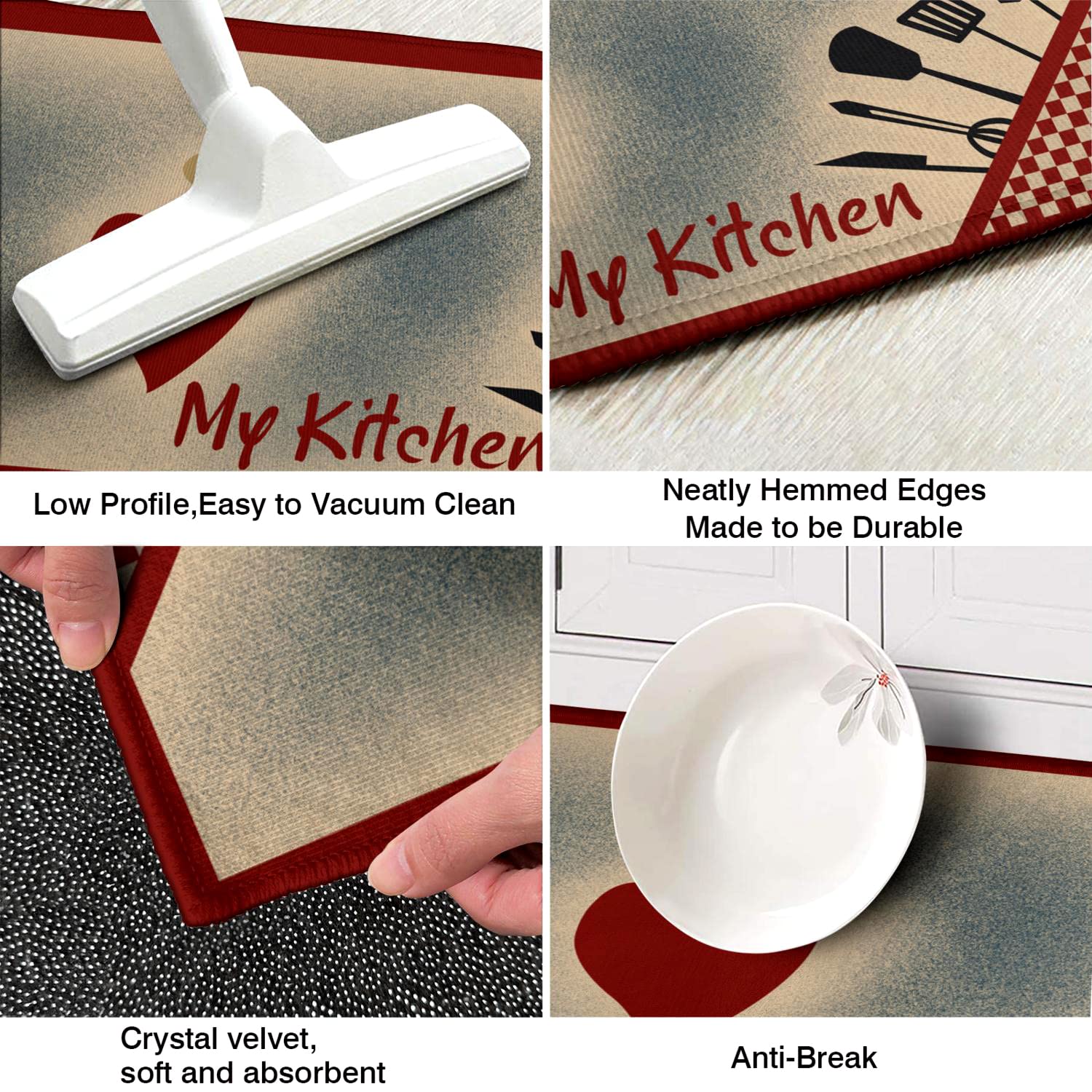 Red Kitchen Rugs Retro Utensils I Love My Kitchen Mat Red Kitchen Decor And Accessories Checkerboard Non-Slip Kitchen Rug and Mats Floor Mat Runner Rug for Kitchen Laundry Living Room Front Door