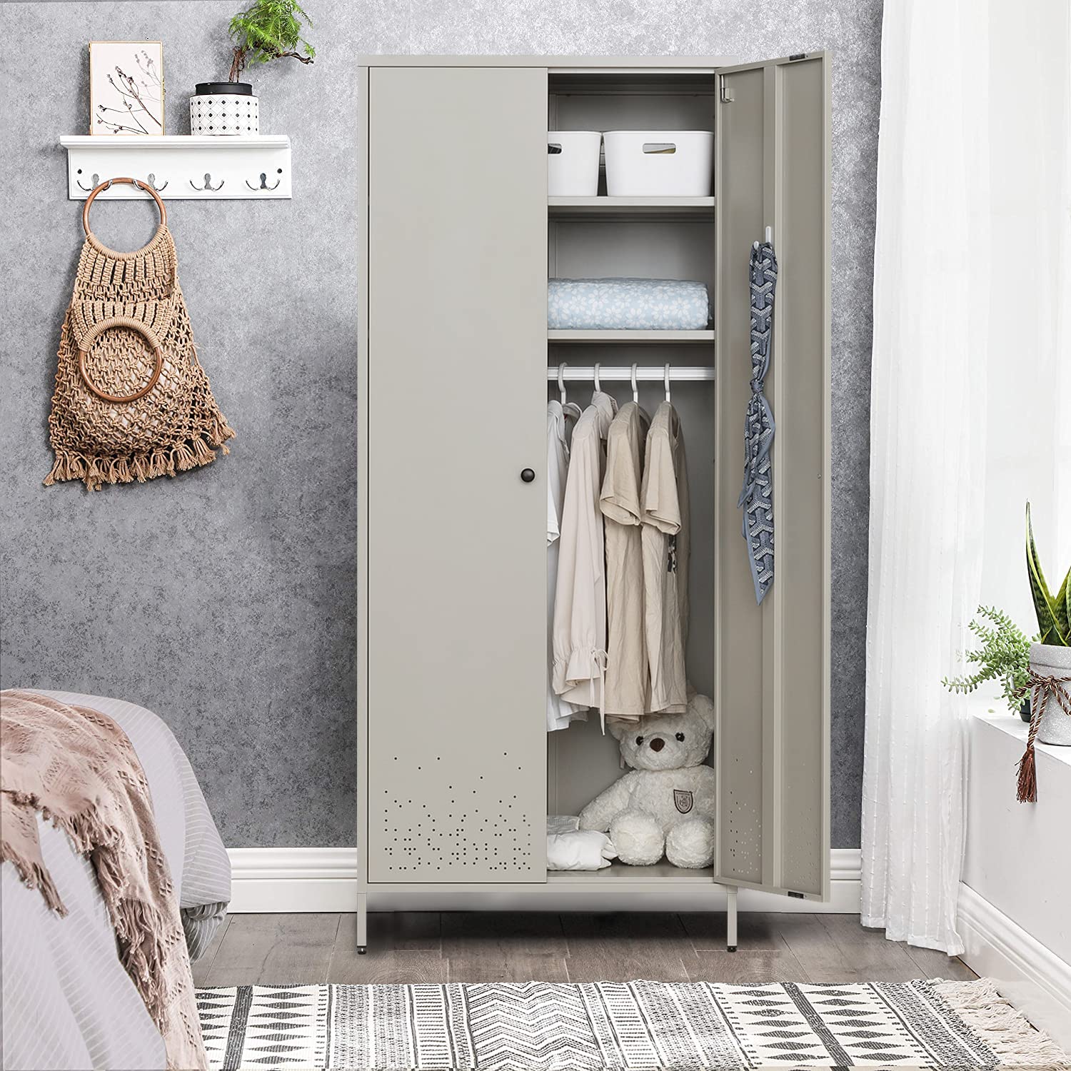 CJF Metal Storage Cabinet, Wardrobe Armoire Closet with Hanging Rod for Bedroom/Laundry Room