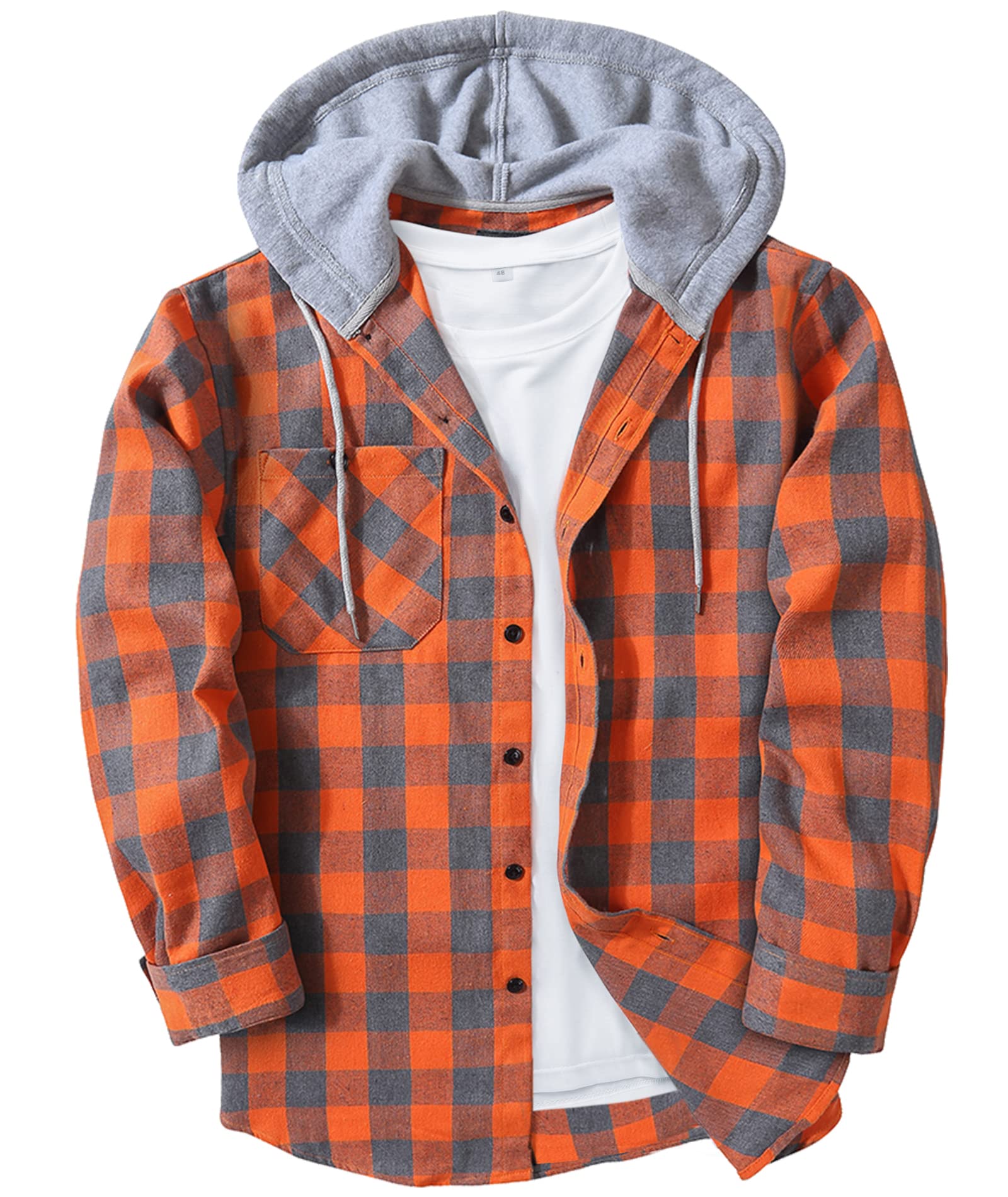 SCODI Mens Flannel Hoodie Shirt Casual Button Down Plaid Jacket Shirts Stylish Long Sleeve Shirts with Pocket Orange X-Large