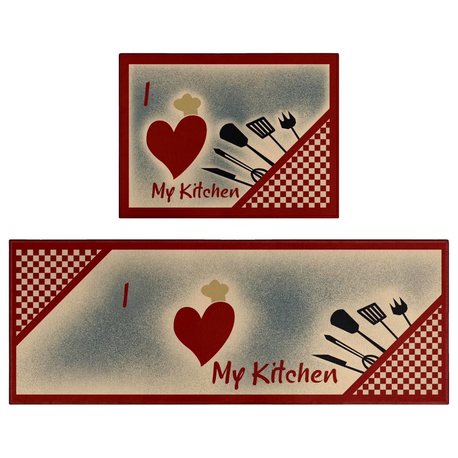 Red Kitchen Rugs Retro Utensils I Love My Kitchen Mat Red Kitchen Decor And Accessories Checkerboard Non-Slip Kitchen Rug and Mats Floor Mat Runner Rug for Kitchen Laundry Living Room Front Door