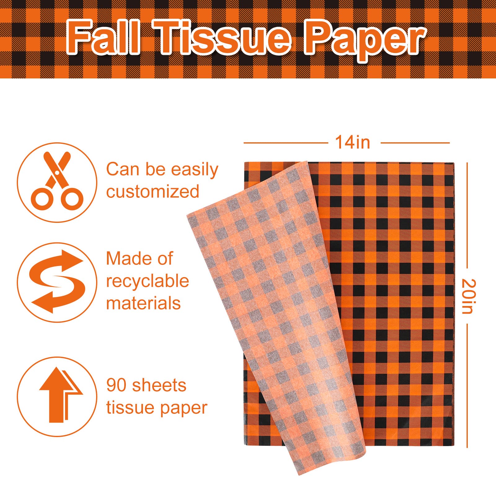 Whaline 90 Sheets Fall Tissue Paper Folded Flat Buffalo Plaid Wrapping Paper Maple Leaf Gift Wrapping Tissue Paper Thanksgiving Art Paper for Home DIY Gift Bags Party Favor Autumn Decor, 14 x 20inch