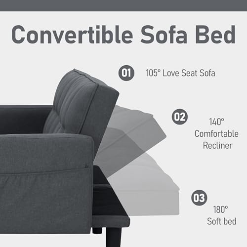 AVAWING Futon Sofa Bed, Modern Linen Fabric Convertible Upholstered Couch with Adjustable Back, Arms and High Strength Nylon Legs for Living Room, Apartment, Office (Grey)