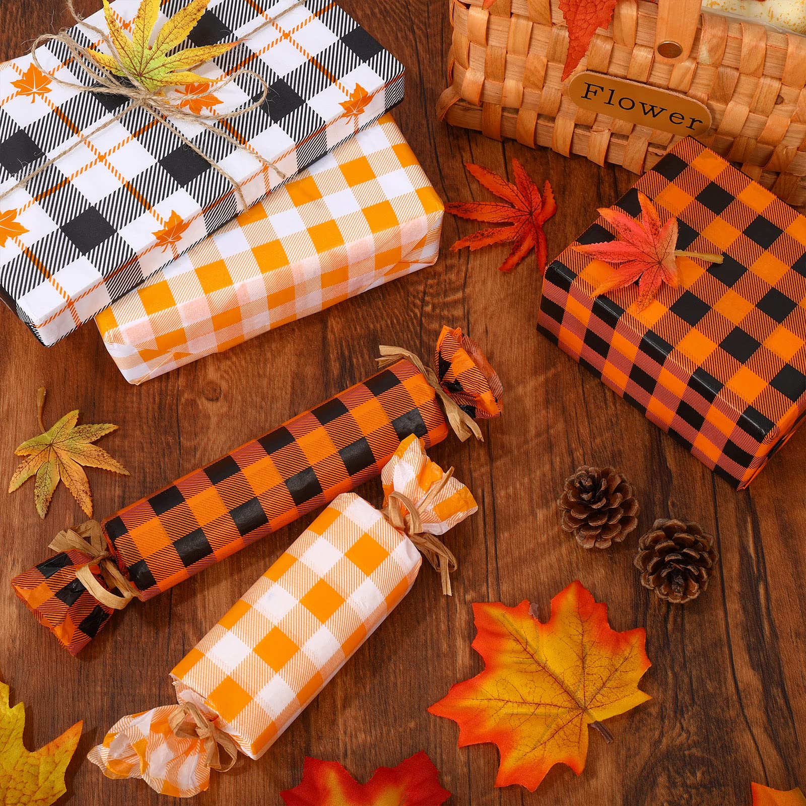 Whaline 90 Sheets Fall Tissue Paper Folded Flat Buffalo Plaid Wrapping Paper Maple Leaf Gift Wrapping Tissue Paper Thanksgiving Art Paper for Home DIY Gift Bags Party Favor Autumn Decor, 14 x 20inch