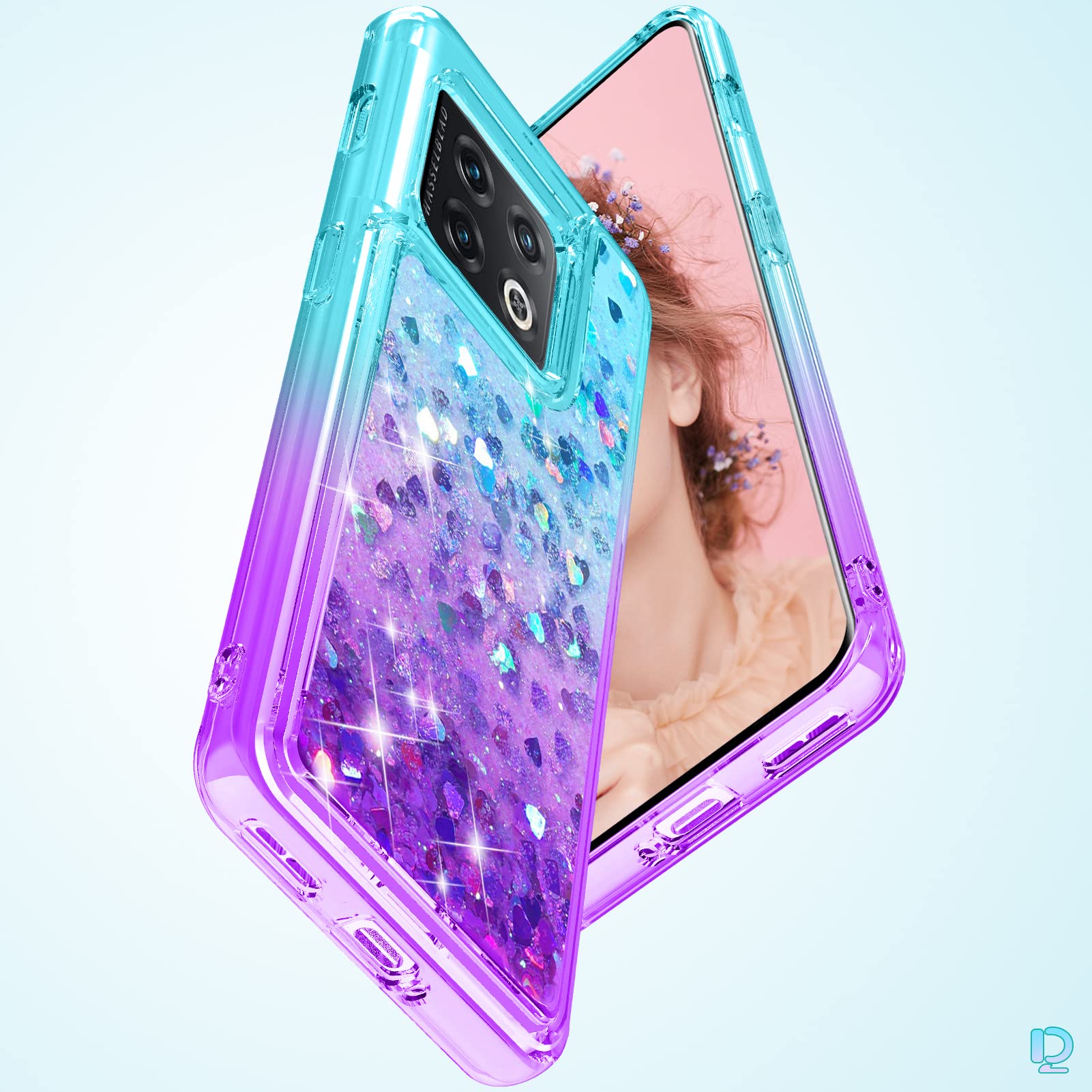 Dzxouui for OnePlus 10 Pro Case with Screen Protector, Women Girls Cute Clear Glitter Flowing Quicksand Soft TPU Phone Case Cover for OnePlus 10 Pro 5G - Teal/Purple