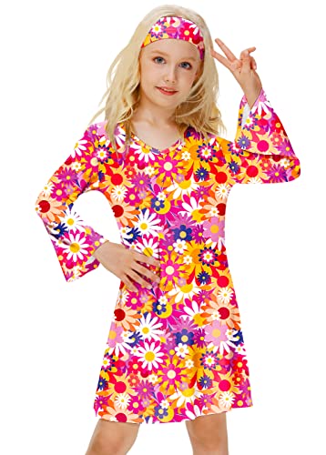 60s Dress 70s Hippie Halloween Pink Floral Long Sleeve Gogo Dresses Pink 7-8 Years