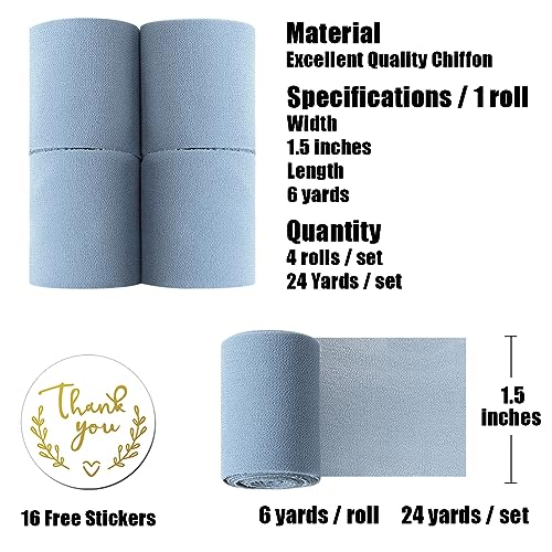 UpUDo 4 Rolls Chiffon Ribbon, 1.5" x 6Yd Dusty Blue Silk Ribbons, Smooth Edges for Wedding Invitations, Bridal Bouquets, DIY Crafts, Gift Wrapping, Holiday Decor