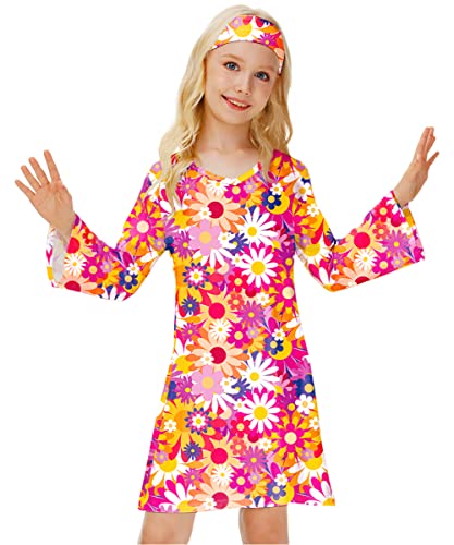 60s Dress 70s Hippie Halloween Pink Floral Long Sleeve Gogo Dresses Pink 7-8 Years