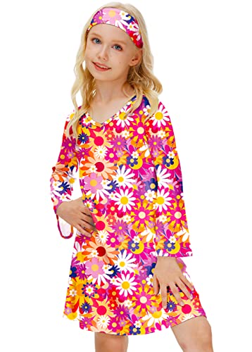 60s Dress 70s Hippie Halloween Pink Floral Long Sleeve Gogo Dresses Pink 7-8 Years