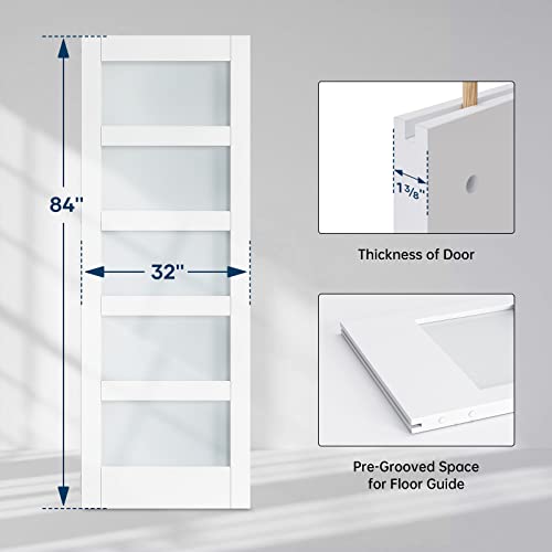 Finosen 32 in x 84 in Sliding Closet Door, 5-Lite Frosted Glass, LVL Wood Panel, PVC Surface, Assembly Needed Interior Doors for Bathroom, Living Room, White