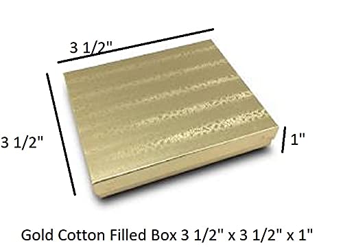 12 Pack Cotton filled Gold Foil Paper Cardboard Jewelry Gift and Retail Boxes 3 X 3 X 1 Inch Size by R J Displays