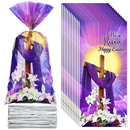 100 Pcs Easter Cellophane Bags He is Risen Spring Easter Gift Treat Bag Goodie Candy Bags with Ties Easter Cross Religious Decorations Birthday Party Decorations Supplies