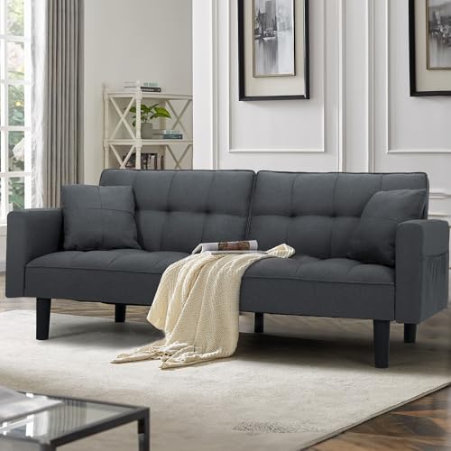 AVAWING Futon Sofa Bed, Modern Linen Fabric Convertible Upholstered Couch with Adjustable Back, Arms and High Strength Nylon Legs for Living Room, Apartment, Office (Grey)