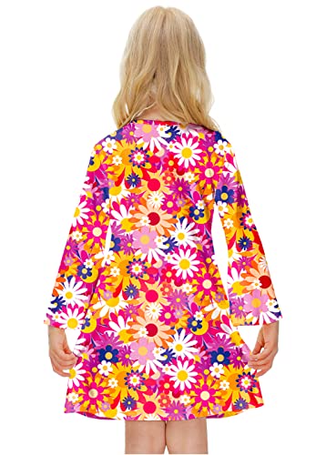60s Dress 70s Hippie Halloween Pink Floral Long Sleeve Gogo Dresses Pink 7-8 Years