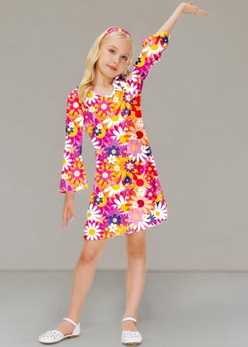 60s Dress 70s Hippie Halloween Pink Floral Long Sleeve Gogo Dresses Pink 7-8 Years