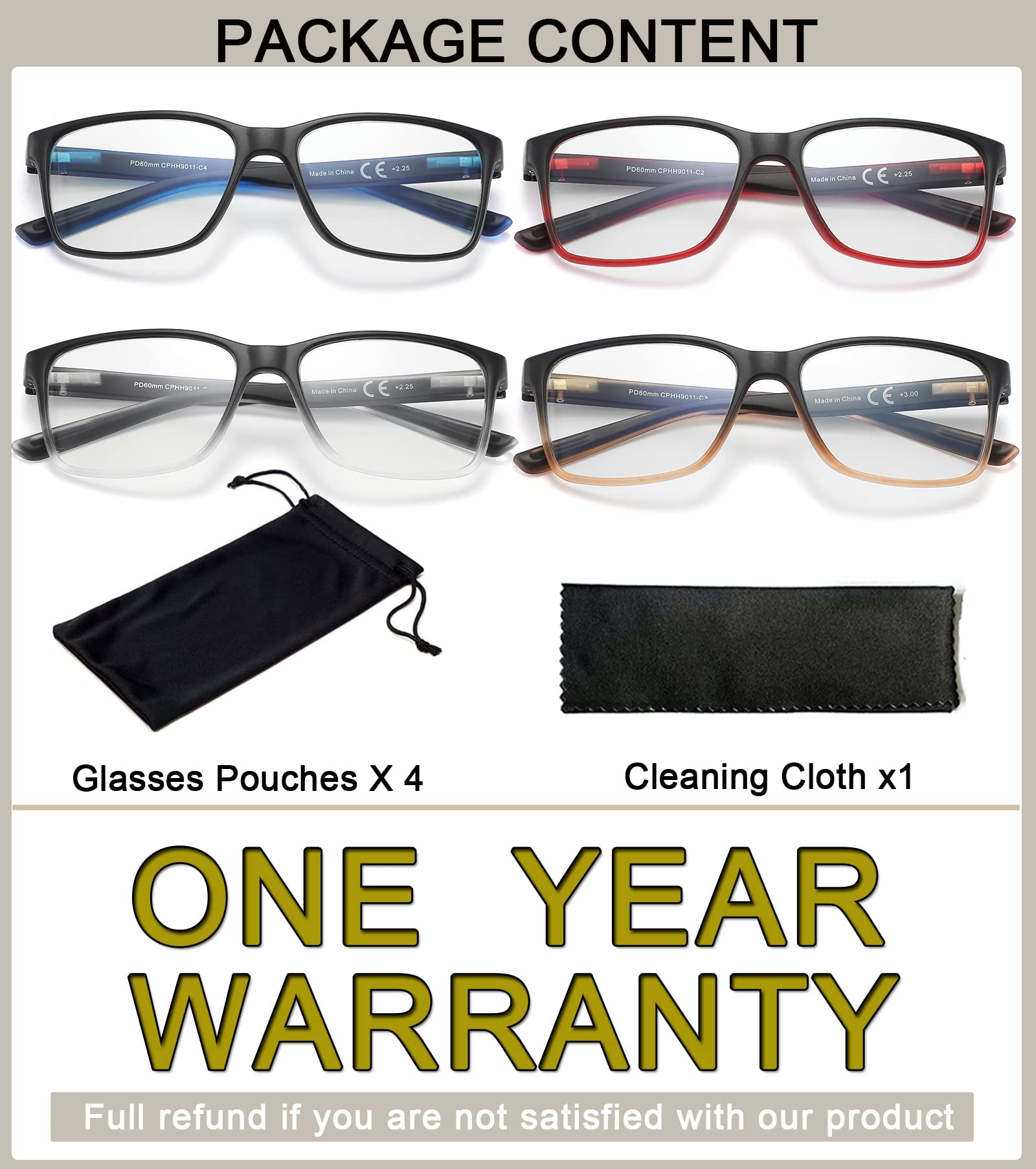 Reading Glasses for Men 4-Pack Stylish Computer Readers with Spring Hinges, Anti Glare/Eye Strain Filter UV Ray Blue Light Blocking Two-Tone Reader Eyeglasses,+1.5 Magnification Strength