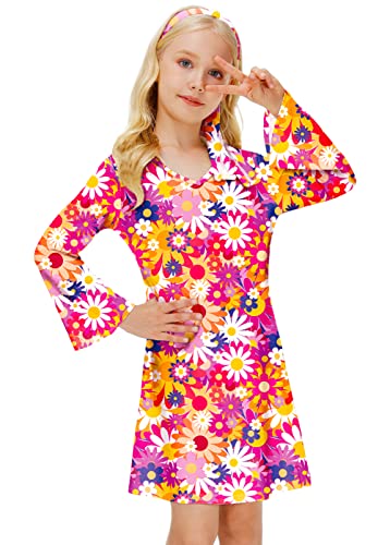 60s Dress 70s Hippie Halloween Pink Floral Long Sleeve Gogo Dresses Pink 7-8 Years