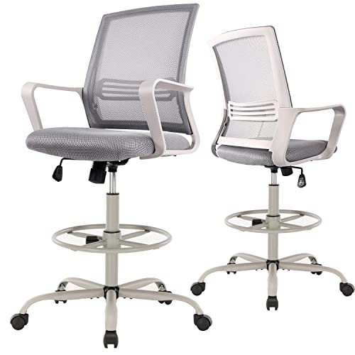 SMUG, Ergonomic Tall Standing Desk Adjustable Foot Ring Drafting Stool Counter Height Office Chairs, Grey