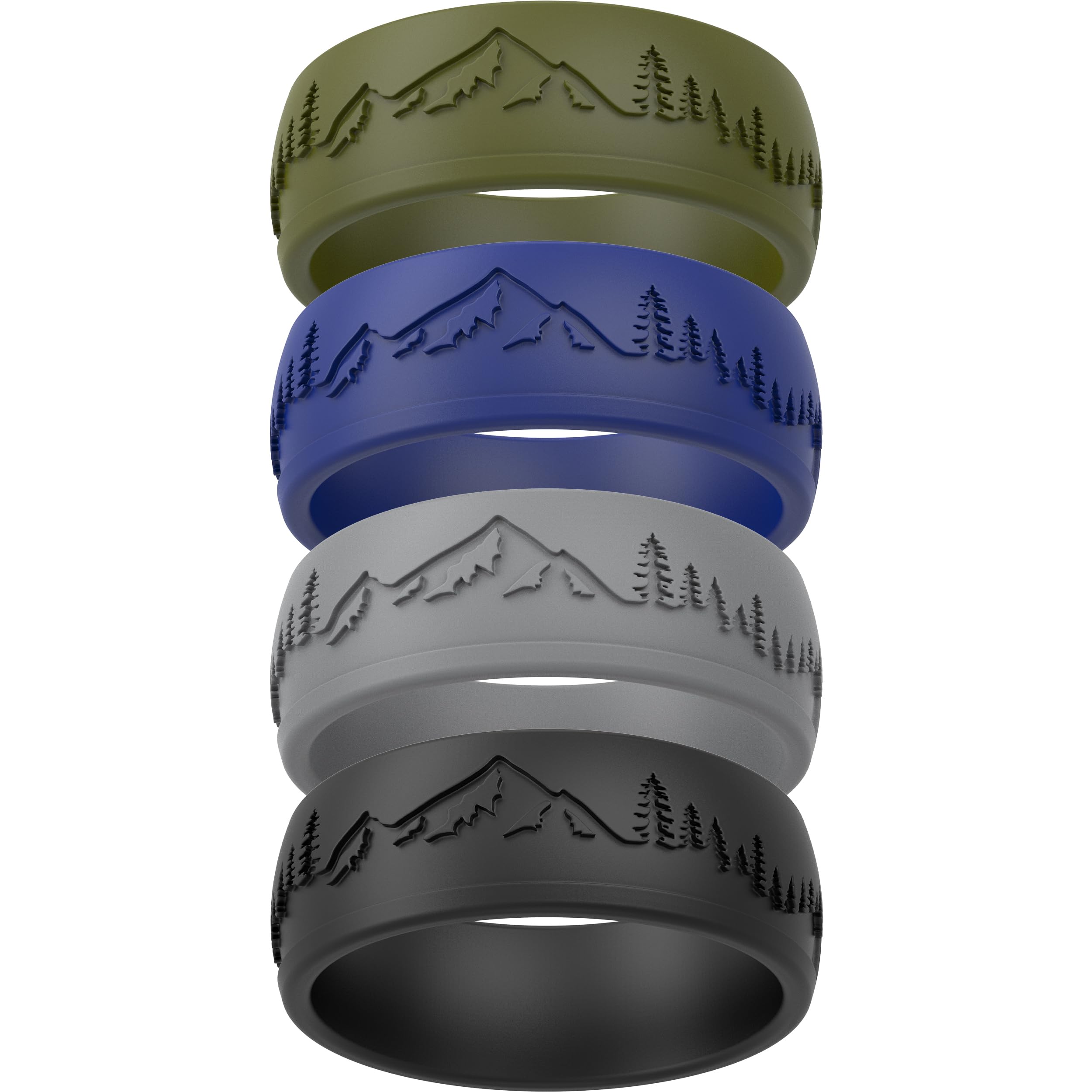 ThunderFit Silicone Wedding Rings for Men, Rubber Engagement Bands 9mm Wide 2mm Thick (Forest and Mountains - Grey A, Black, Dark Blue B, Olive Green - Size 10.5-11 (20.6mm))