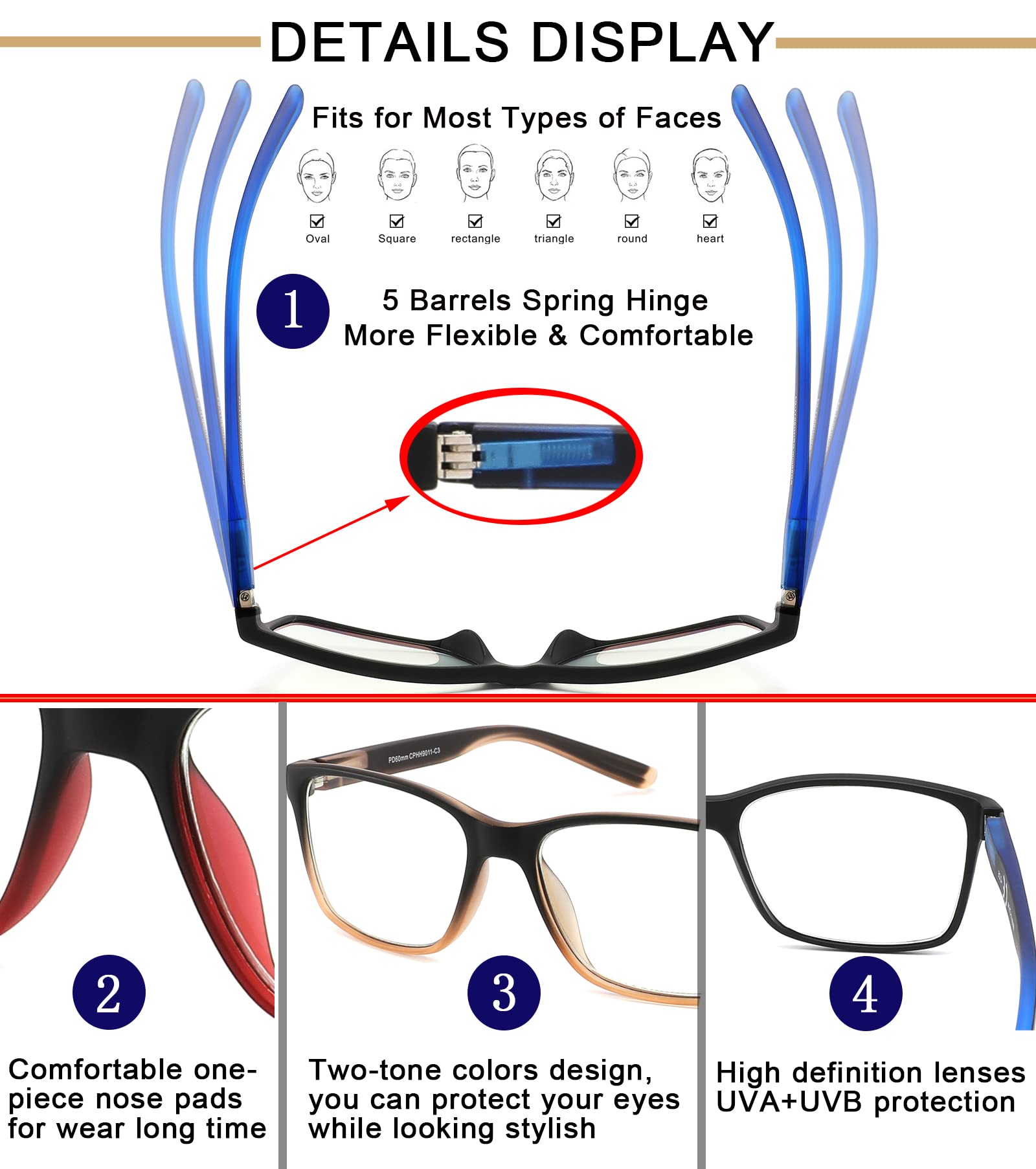 Reading Glasses for Men 4-Pack Stylish Computer Readers with Spring Hinges, Anti Glare/Eye Strain Filter UV Ray Blue Light Blocking Two-Tone Reader Eyeglasses,+1.5 Magnification Strength