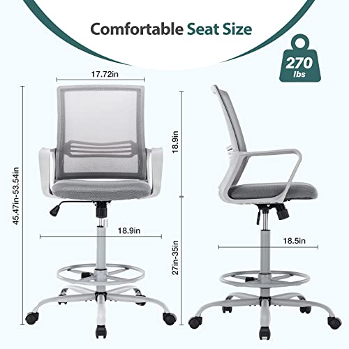 SMUG, Ergonomic Tall Standing Desk Adjustable Foot Ring Drafting Stool Counter Height Office Chairs, Grey