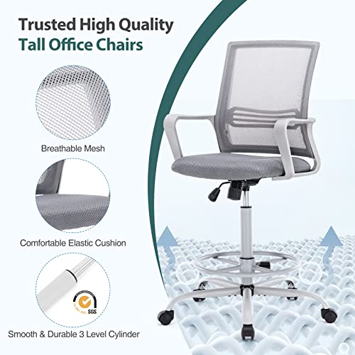 SMUG, Ergonomic Tall Standing Desk Adjustable Foot Ring Drafting Stool Counter Height Office Chairs, Grey