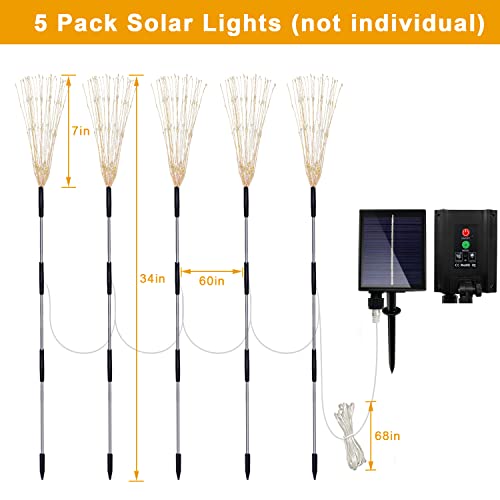 Solar Garden Lights, Firework Lights Outdoor 5 Pack 120 LED Solar Waterproof Decorative Starburst Lights Landscape Lamp Adjustable Brightness, Decor for Courtyard Garden Christmas Party(Warm White)