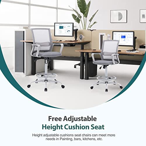 SMUG, Ergonomic Tall Standing Desk Adjustable Foot Ring Drafting Stool Counter Height Office Chairs, Grey