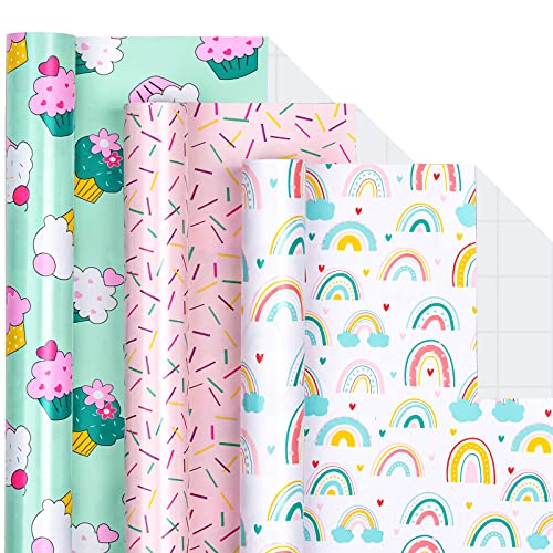 LeZakaa Mini Wrapping Paper Roll - Mini Roll - Cupcake/Rainbow/Colorful Stripe for Birthday - 17 x 120 inches - 3 Rolls (43.77 sq.ft.ttl.)