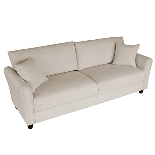 mikibama Linen Fabric Sofa 85 Inches Mid-Century Modern Couch 3 Seater Sofa with 2 Throw Pillows Upholstered Sofa with Rolled Armrest for Living Room, Apartment, Bedroom (Beige)