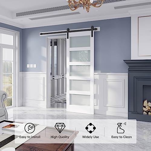 Finosen 32 in x 84 in Sliding Closet Door, 5-Lite Frosted Glass, LVL Wood Panel, PVC Surface, Assembly Needed Interior Doors for Bathroom, Living Room, White